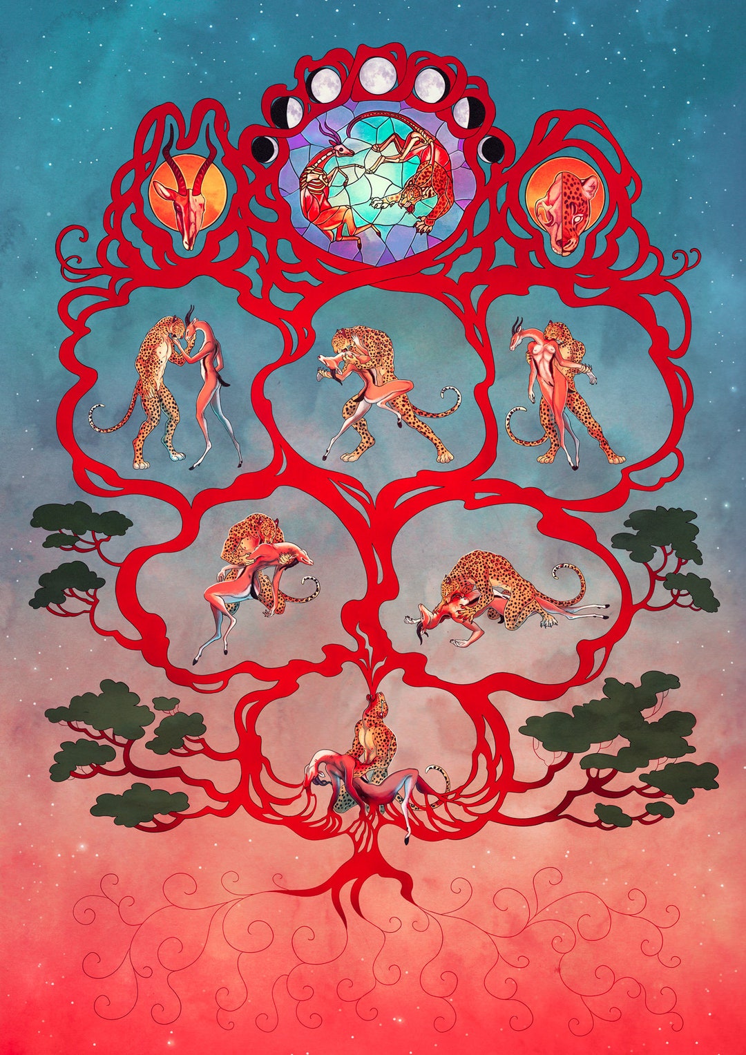 Tree of Life Predator Prey Gazelle Leopard Art Nouveau Circle of Life ...