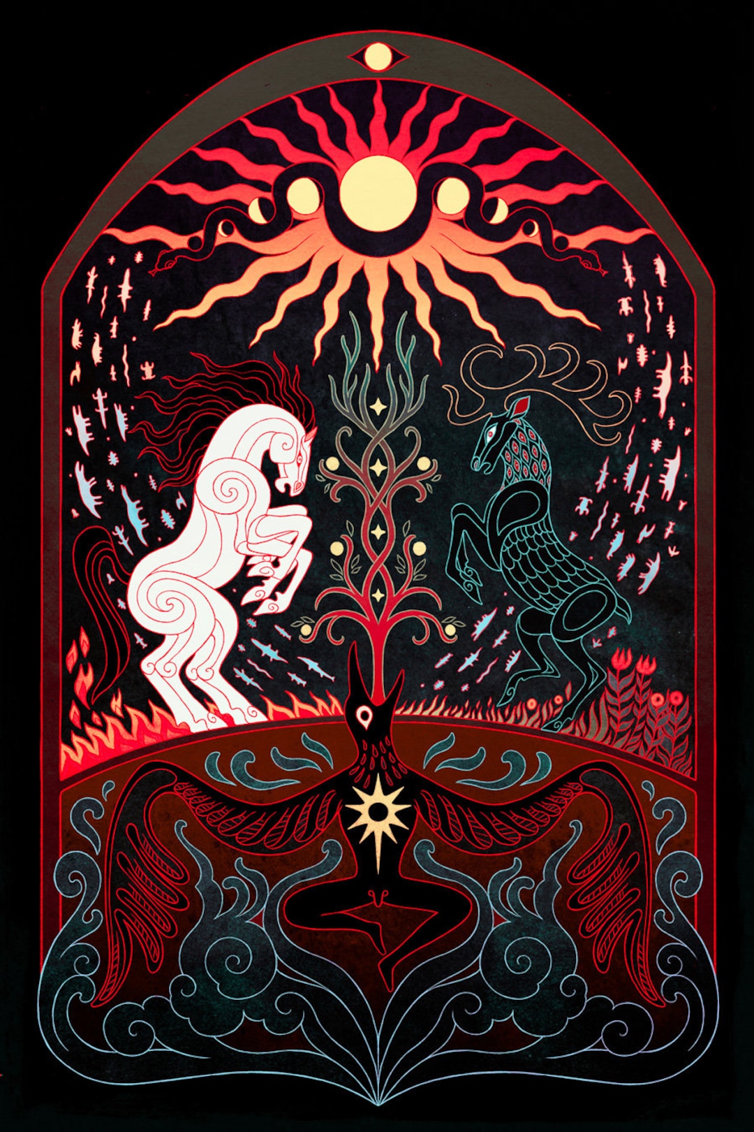 Earth Diver Print - Mythology Bird Stag Horse Tree of Life Hungarian ...