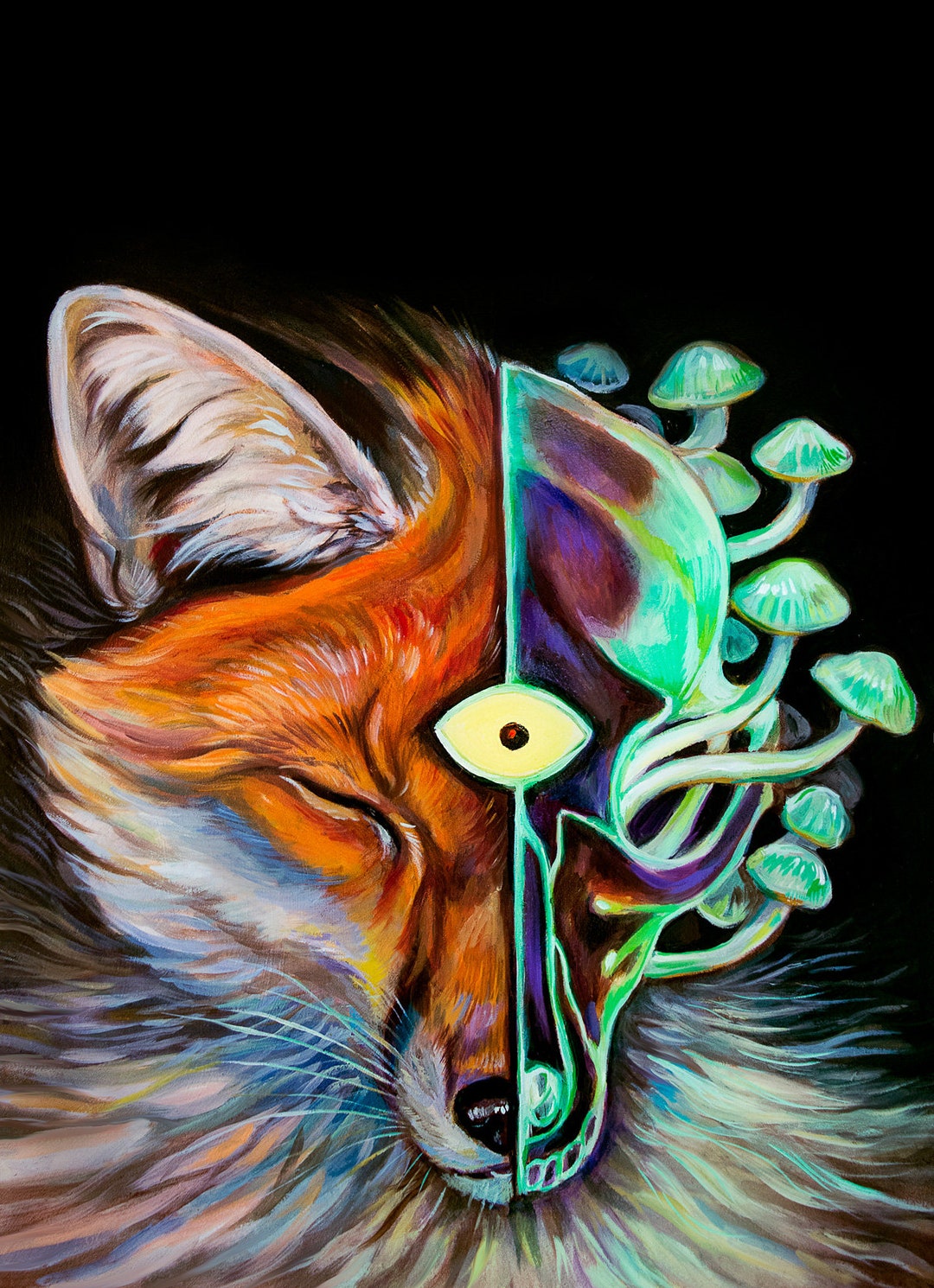 Enlightened Print - Fox Skull Mushrooms Trippy Psychedelic Macabre Horror - Etsy