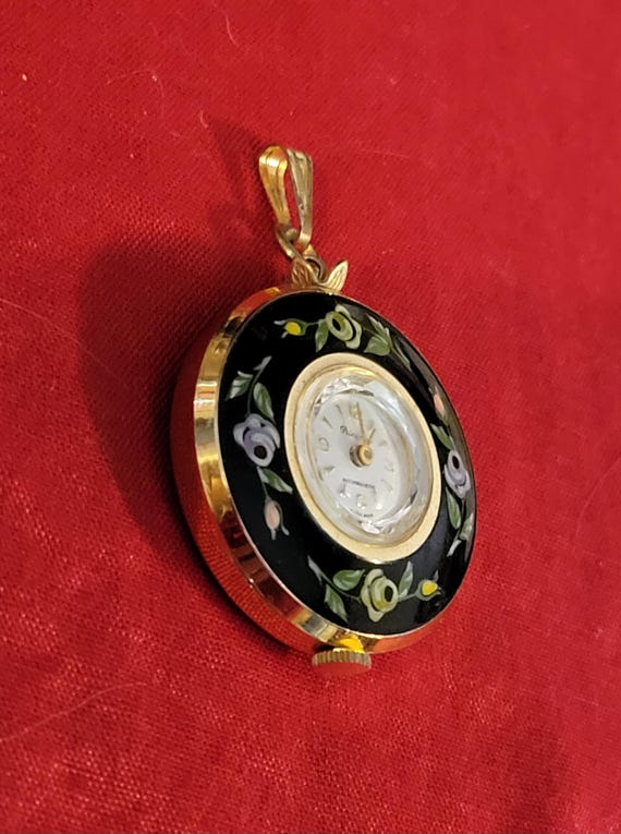 Vintage enameled pendant pocket watch 1960s hand pain… - Gem
