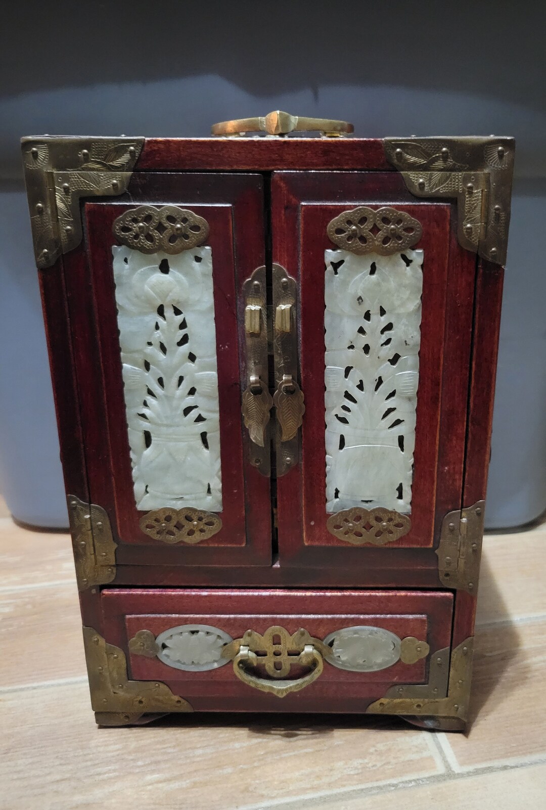 Vintage Rosewood Wood Carved Jade Brass Jewelry Chest Box - Etsy