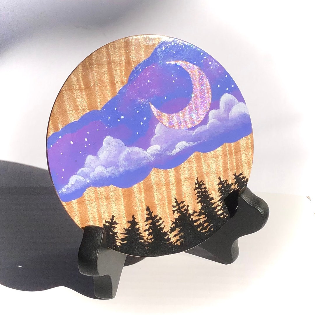 Flamed Maple Wood Art, Purple Sky Crescent Moon Scene, Exotic Wood ...