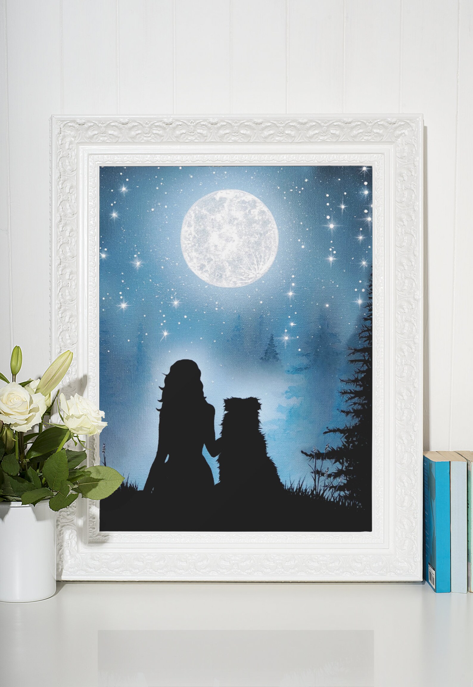 Girl and Dog in Forest Art Print, Blue Night Sky, Full Moon and Stars ...
