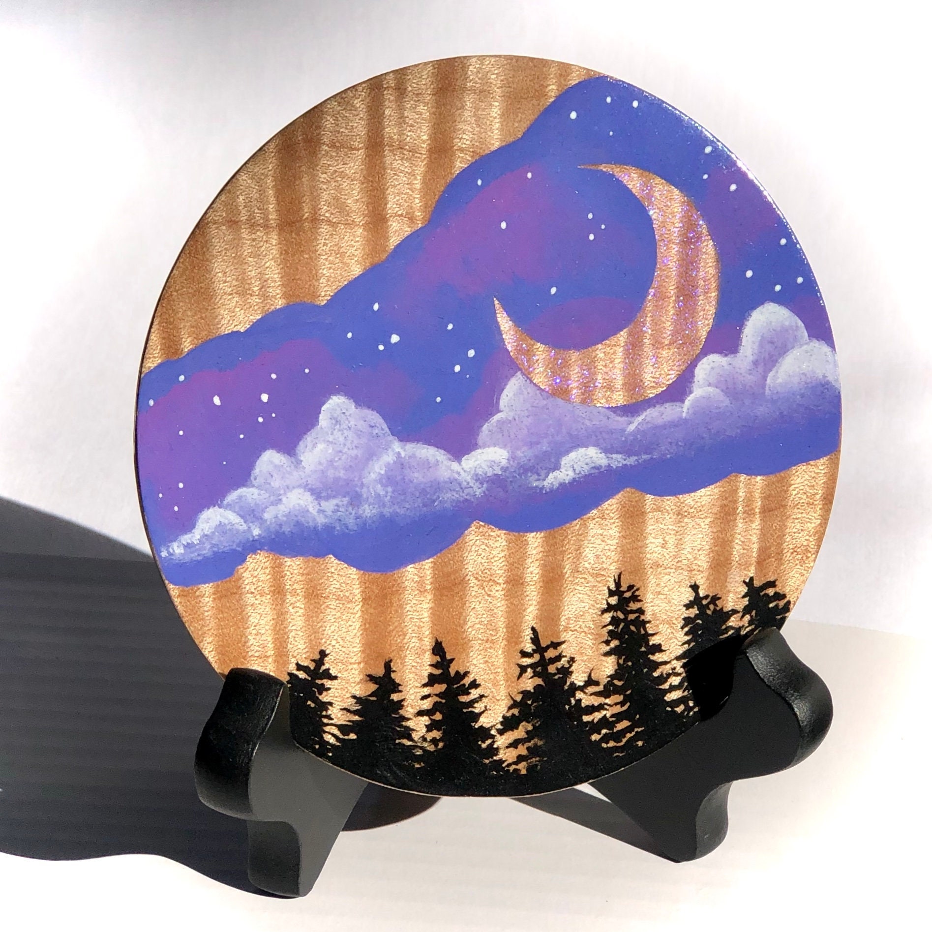 Flamed Maple Wood Art, Purple Sky Crescent Moon Scene, Exotic Wood ...
