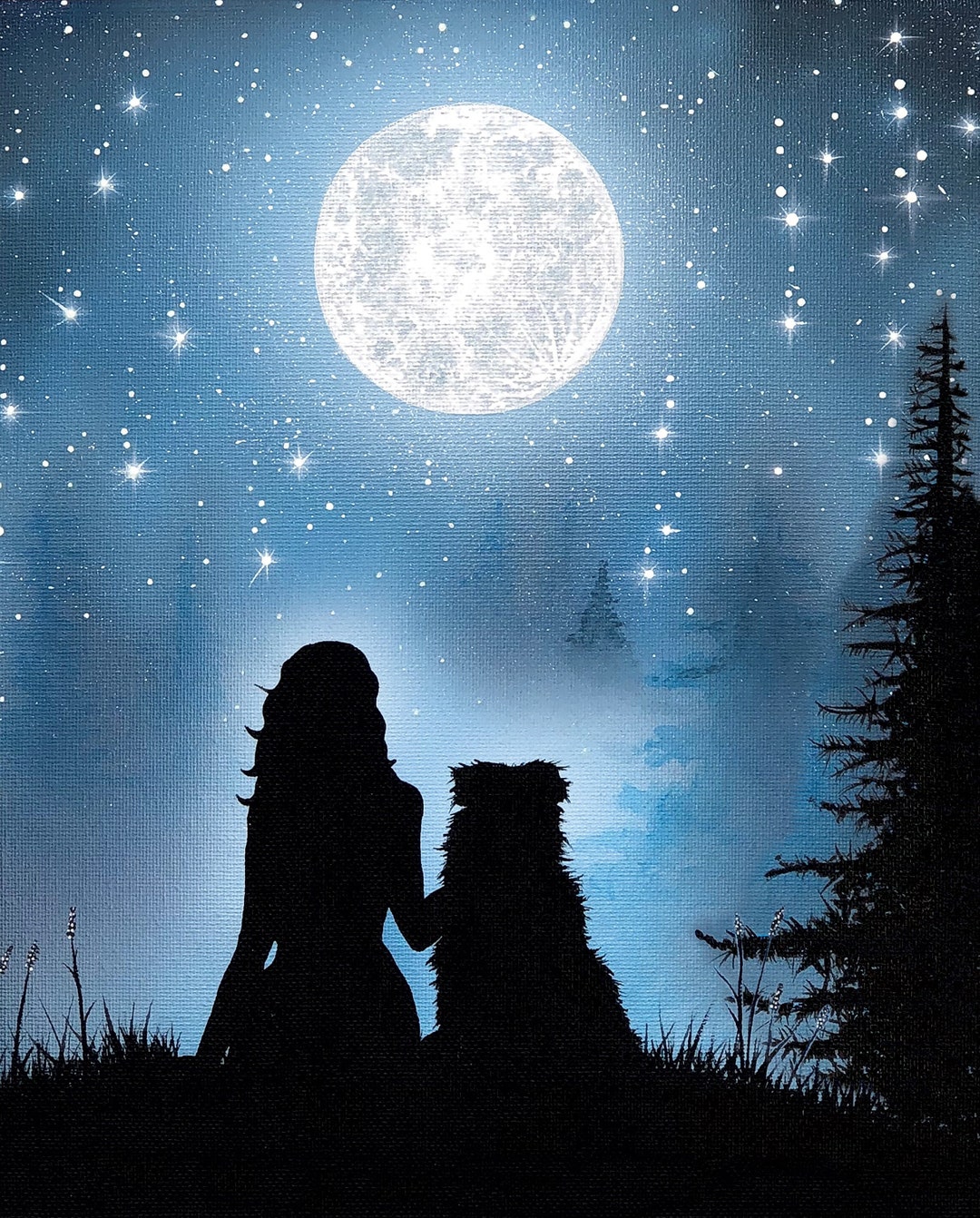 A Girl and Her Dog Art Print, Silhouette of Woman With Dog in Forest ...