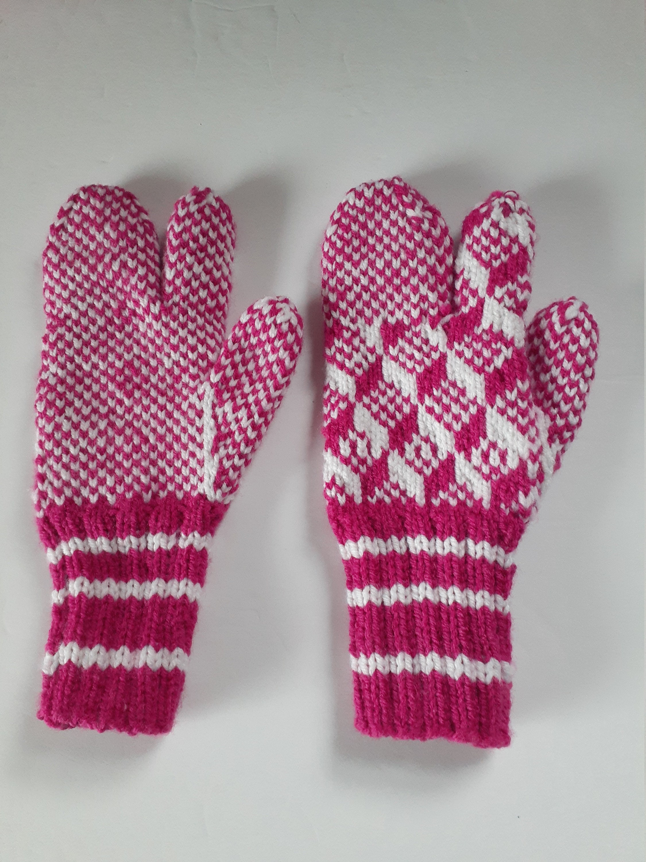 Handknit Newfoundland Trigger Mittens, Bright Pink and White Mittens ...