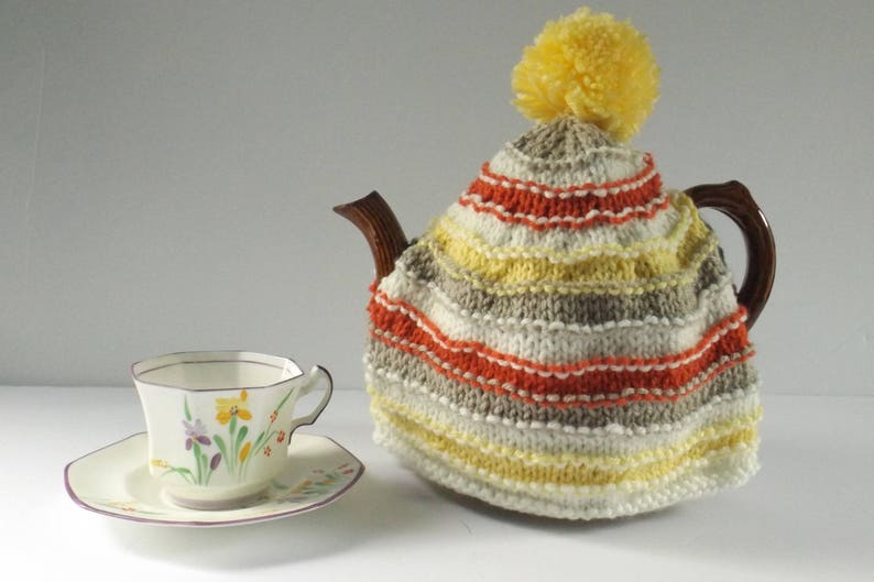 Handknit Tea Cosy. Yellow, Orange, Oatmeal & White Tea Cosy, Washable ...