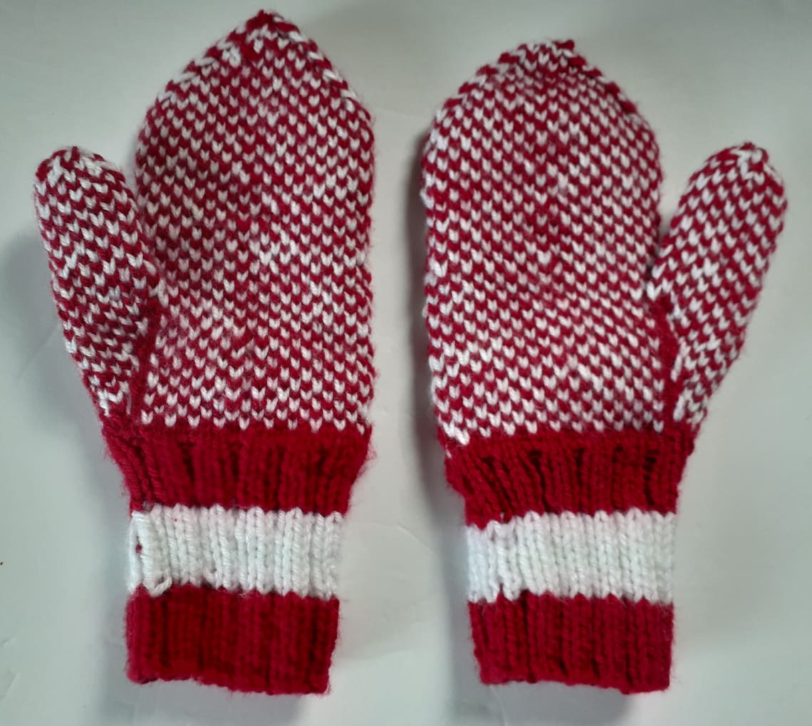 Handknit Newfoundland Mittens, Red and White Double Knit Mittens ...