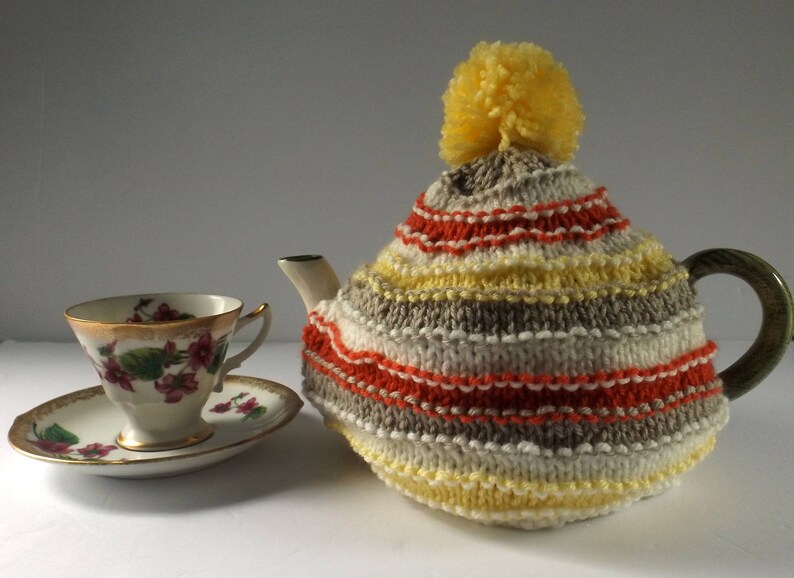 Handknit Tea Cosy. Yellow, Orange, Oatmeal & White Tea Cosy, Washable ...