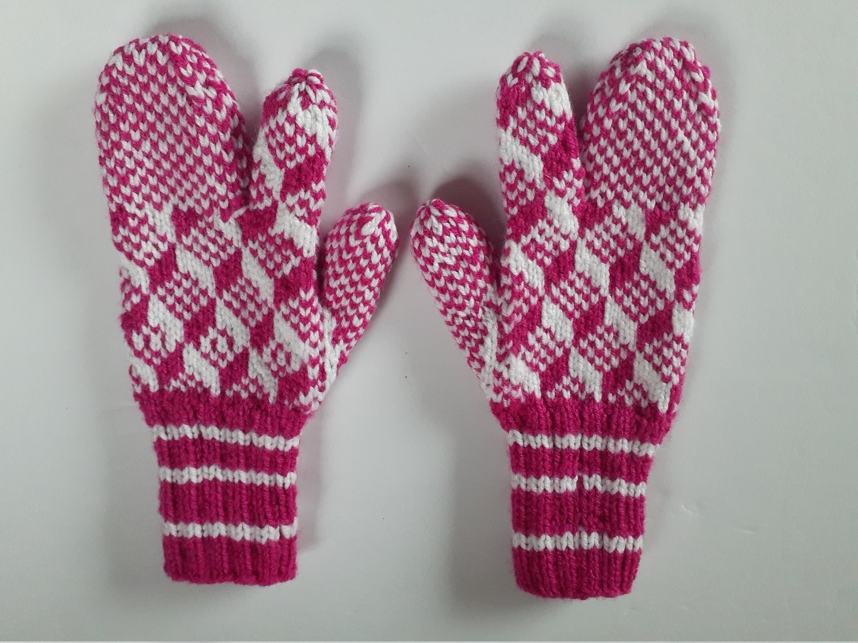 Handknit Newfoundland Trigger Mittens, Bright Pink and White Mittens ...