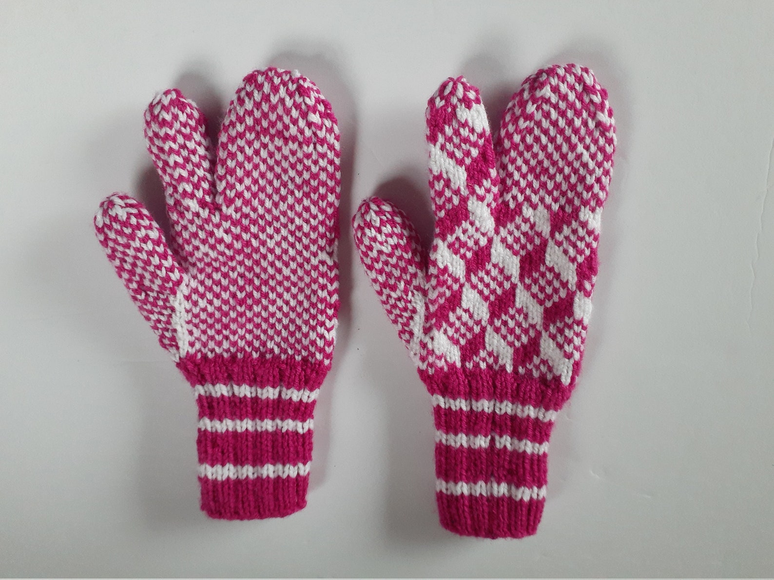 Handknit Newfoundland Trigger Mittens, Bright Pink and White Mittens ...