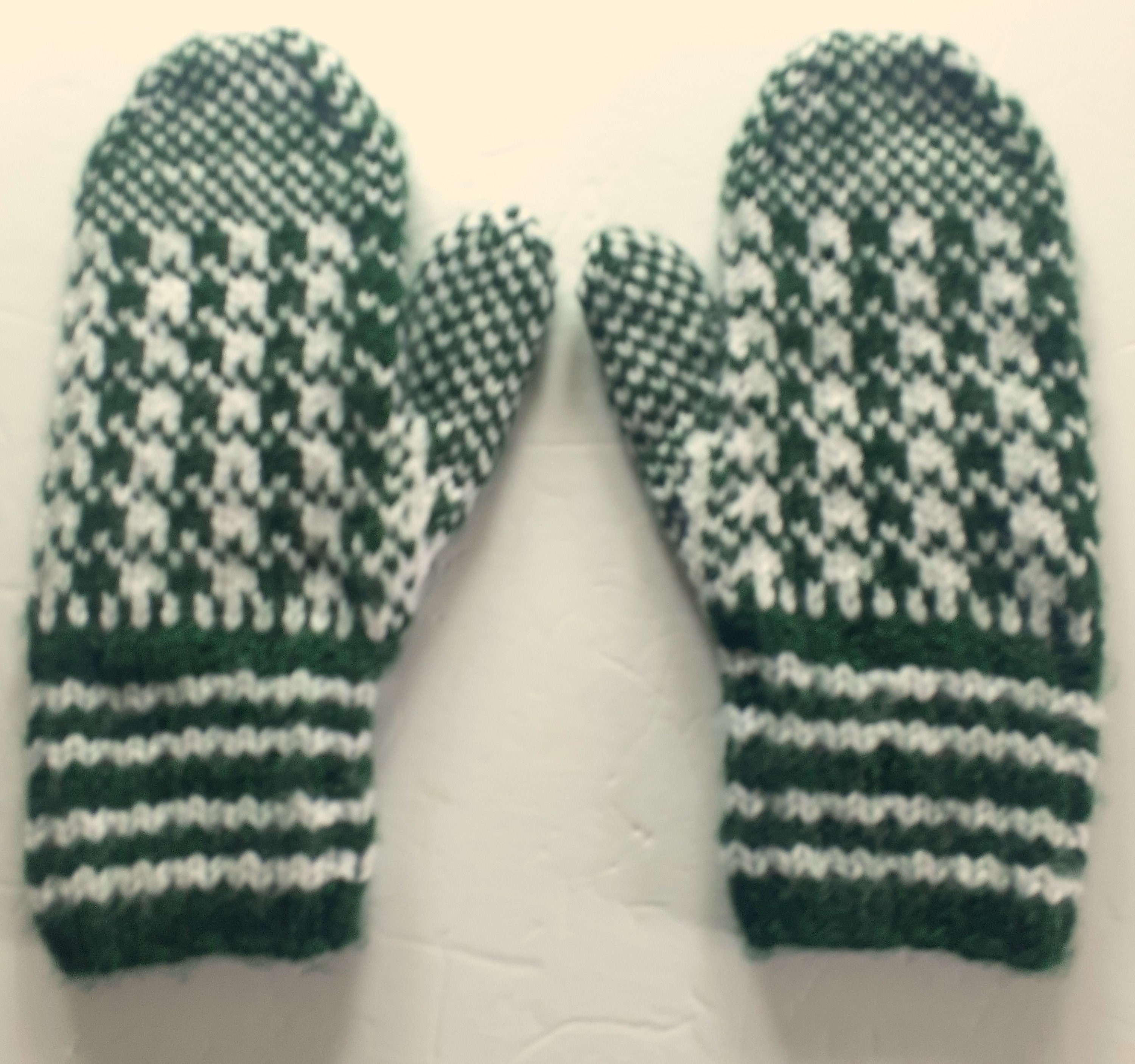 Handknit Newfoundland Mittens, Green and White Double Knit Mittens ...