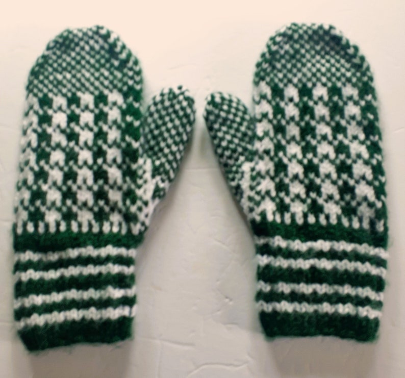 Handknit Newfoundland Mittens, Green and White Double Knit Mittens ...