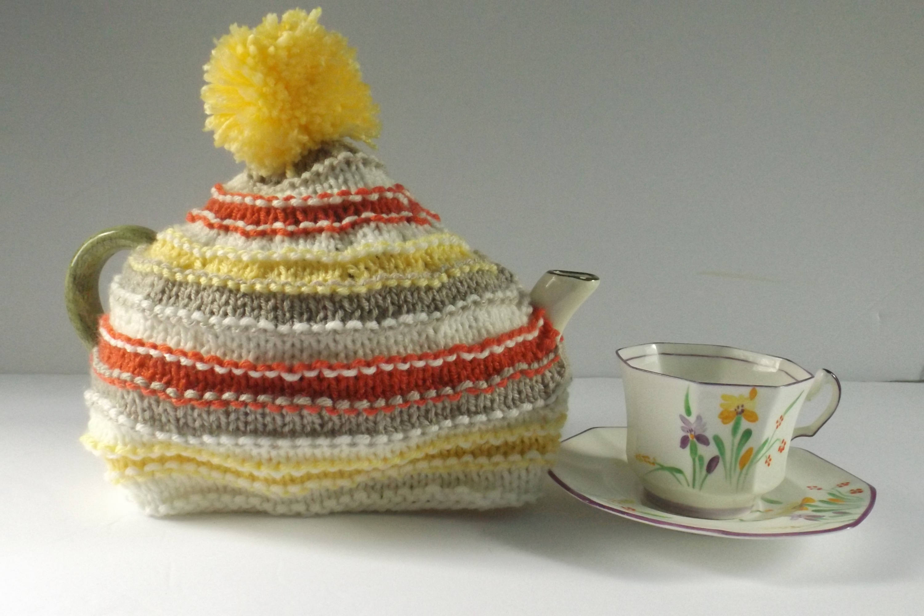 Handknit Tea Cosy. Yellow, Orange, Oatmeal & White Tea Cosy, Washable ...