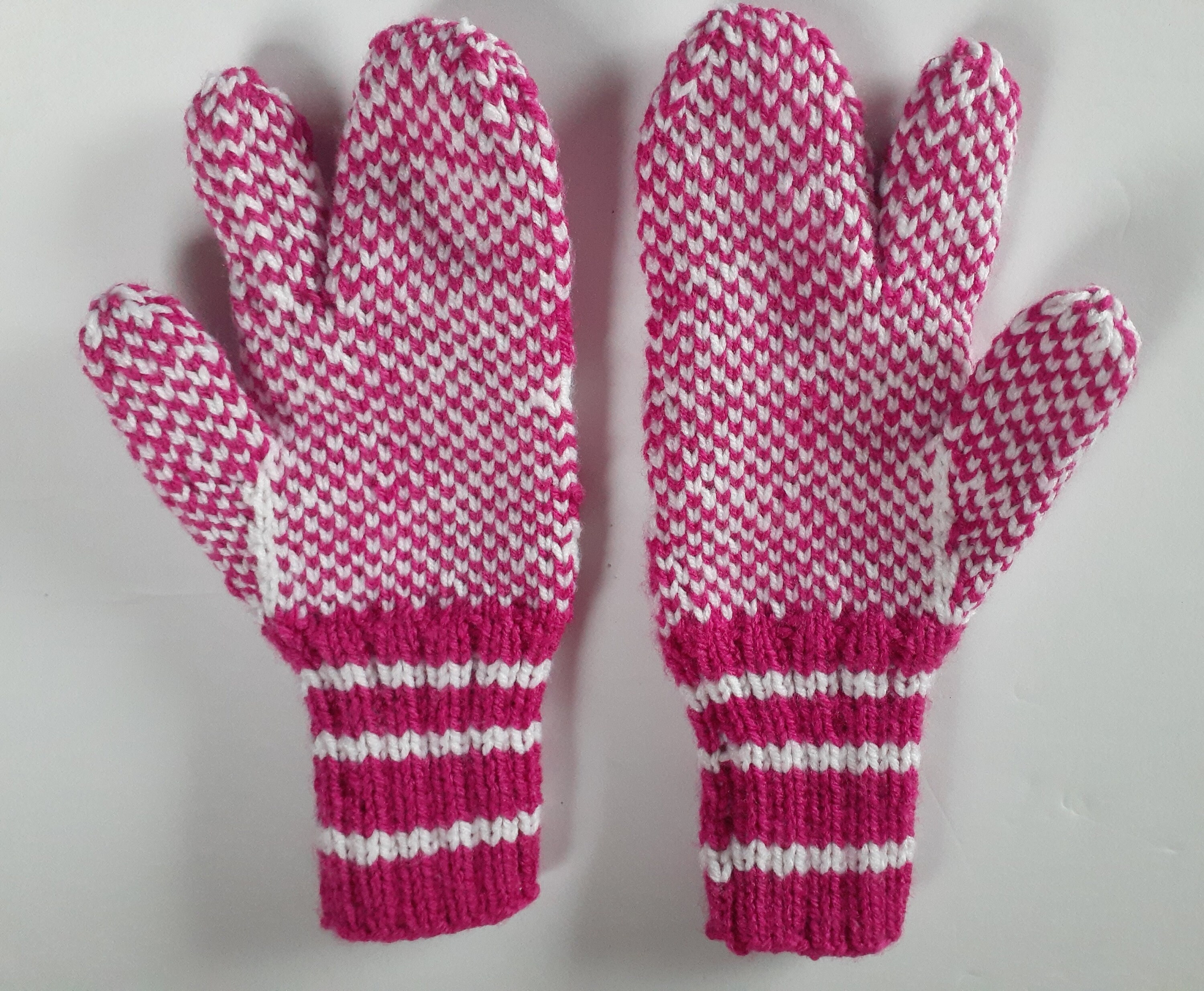 Handknit Newfoundland Trigger Mittens, Bright Pink and White Mittens ...