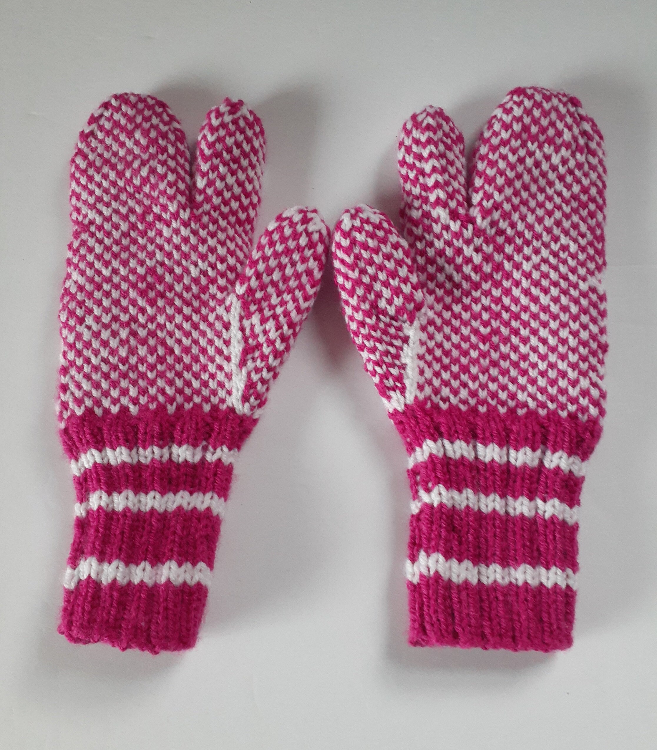 Handknit Newfoundland Trigger Mittens, Bright Pink and White Mittens ...