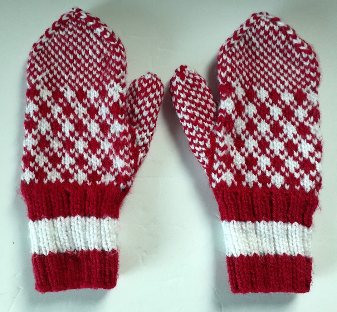 Handknit Newfoundland Mittens, Red and White Double Knit Mittens ...
