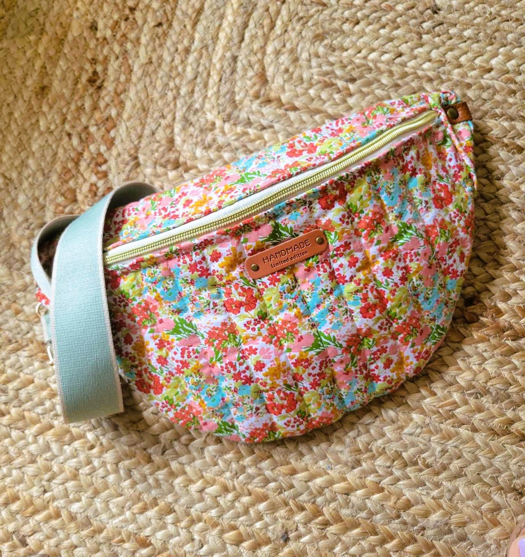 Crossbody Belt Bag in Quilted Floral Fabric and Fancy Shoulder Strap - Etsy