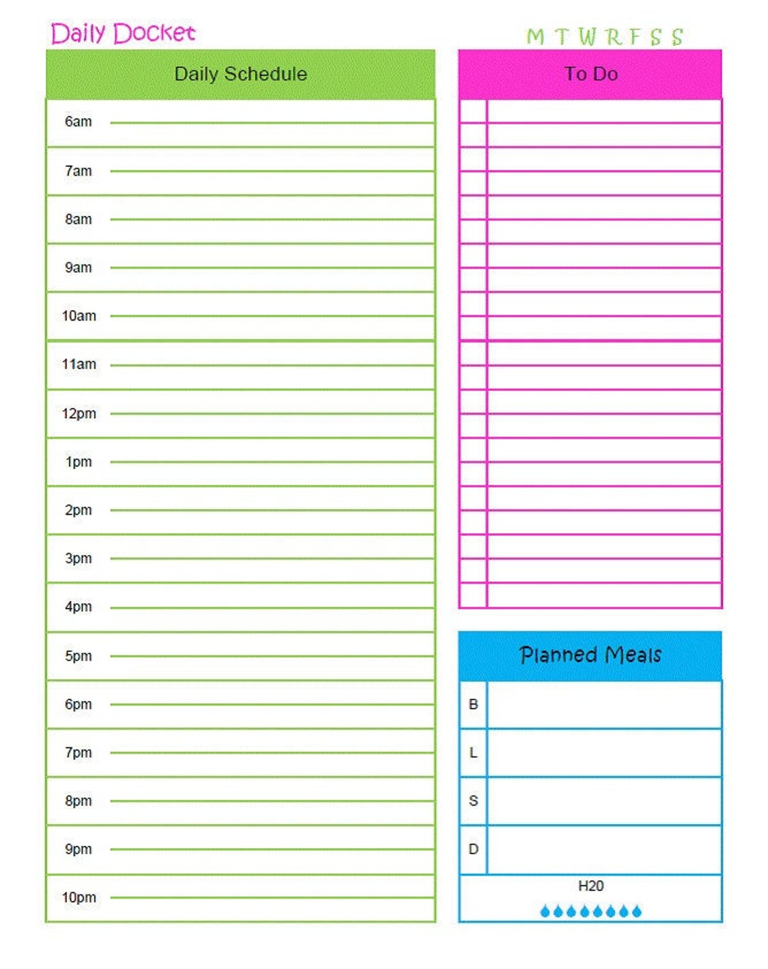 Colorful Daily Docket Printable With Meal Planner, Water Tracker, To-do ...
