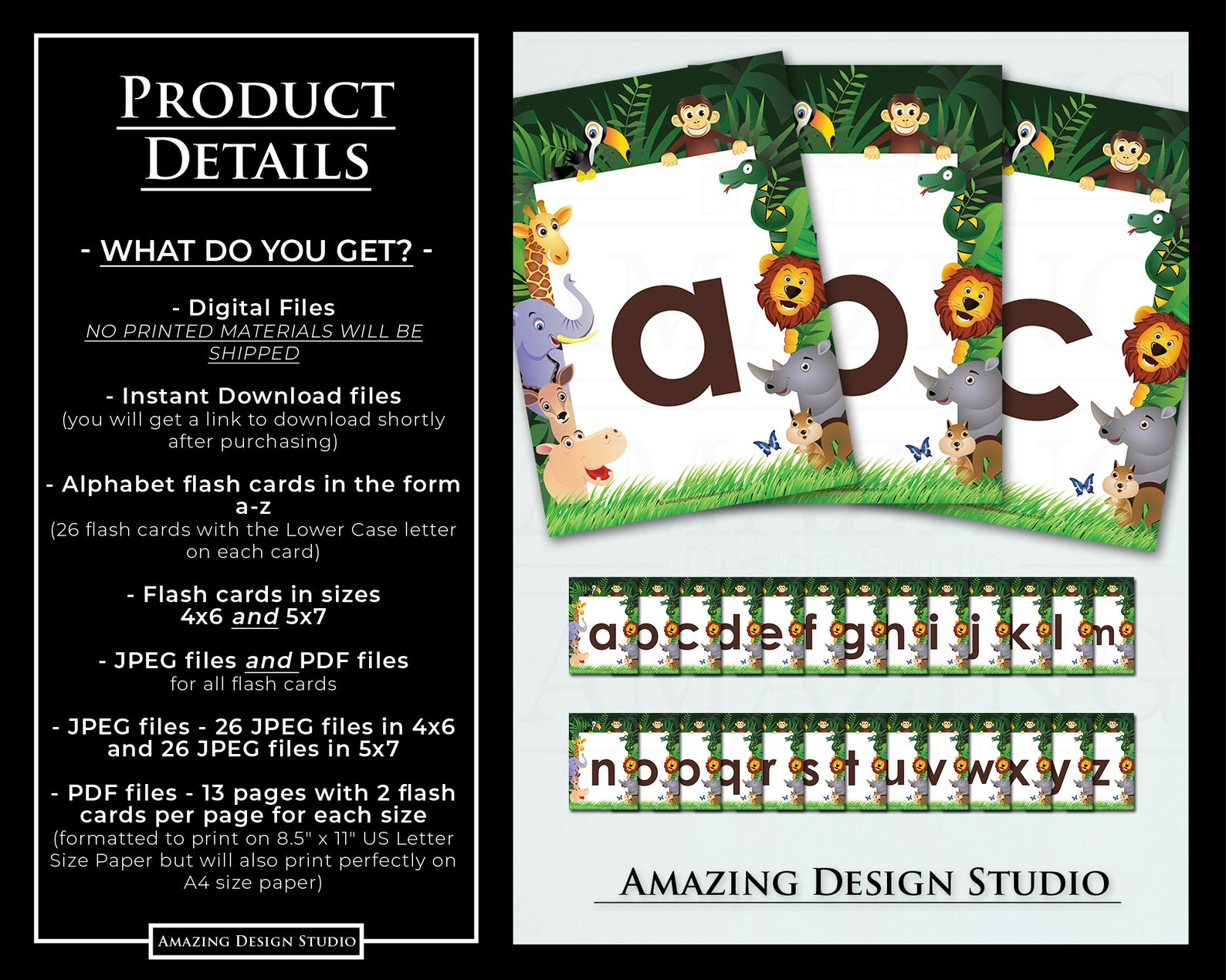 Jungle Alphabet Flash Cards Printable Abc Zoo a to Z Cards Instant ...