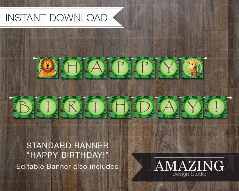 Jungle Birthday Banner: Happy Birthday & DIY Editable Printable Instant ...