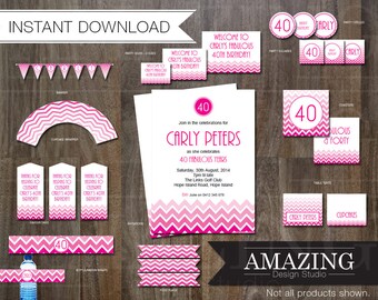 PINK OMBRE CHEVRON Editable Party Printable Kit Instant - Etsy Canada
