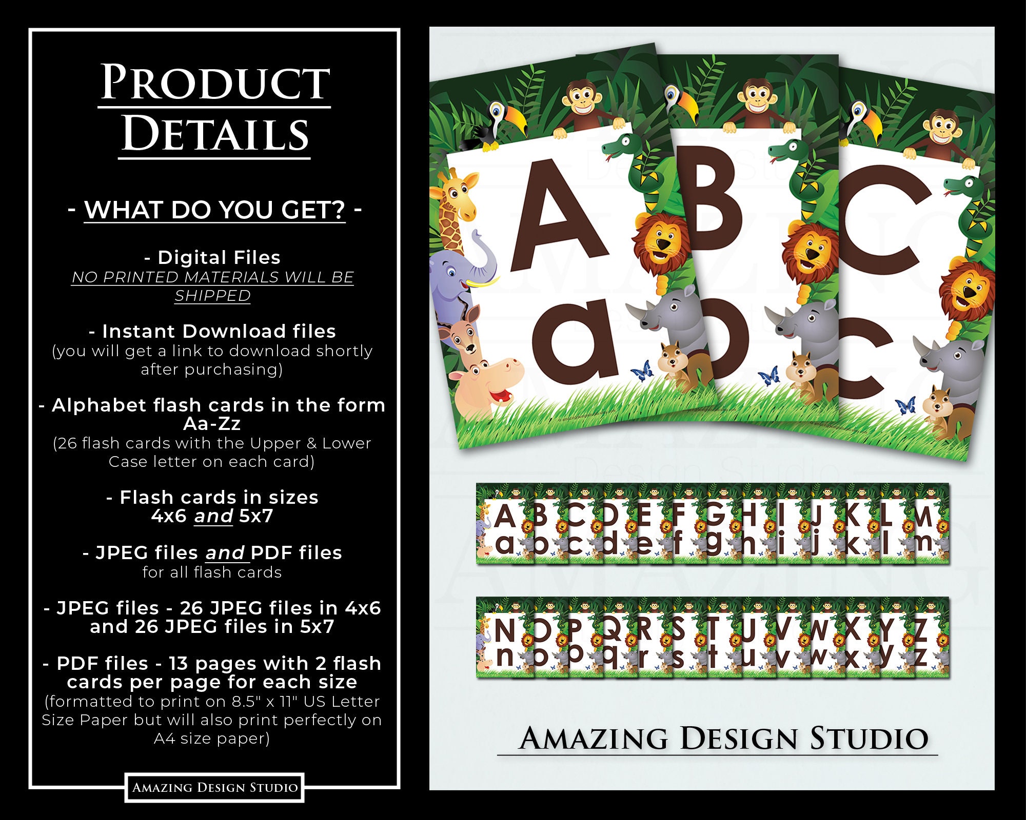 Jungle Alphabet Flash Card Printable Instant Download ABC Flash Card A ...