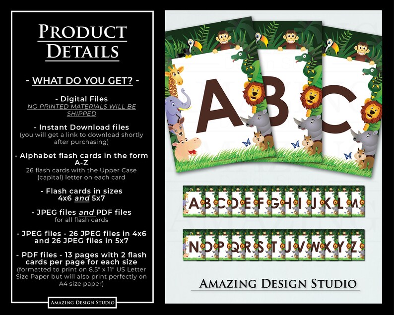 Jungle Alphabet Flash Cards Printable ABC A to Z Cards Instant Download ...