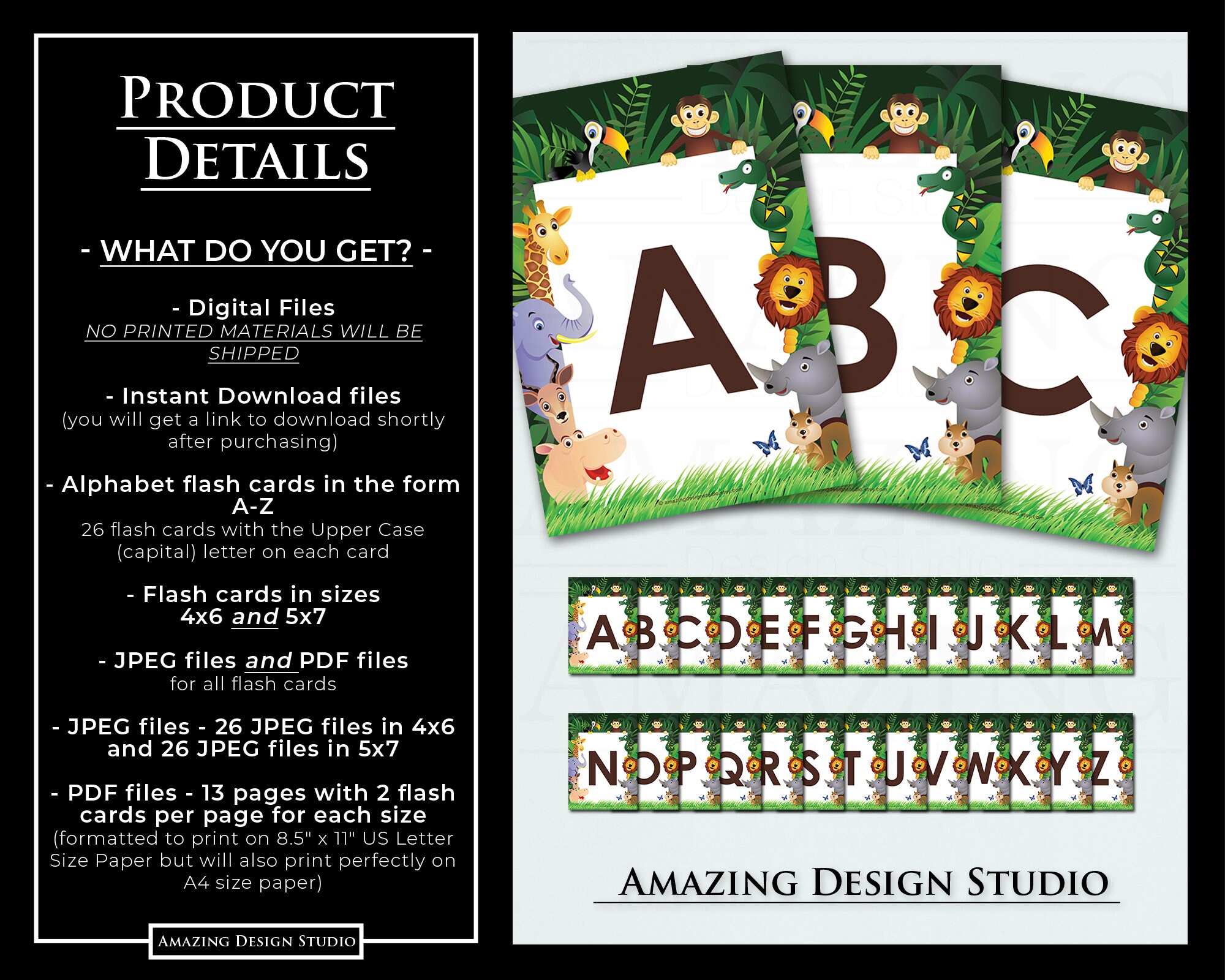 Jungle Alphabet Flash Cards Printable ABC A to Z Cards Instant Download ...