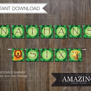Jungle Birthday Banner: Happy Birthday & DIY Editable Printable Instant ...