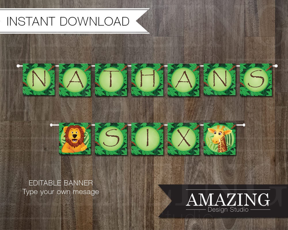 Jungle Birthday Banner: Happy Birthday & DIY Editable Printable Instant ...