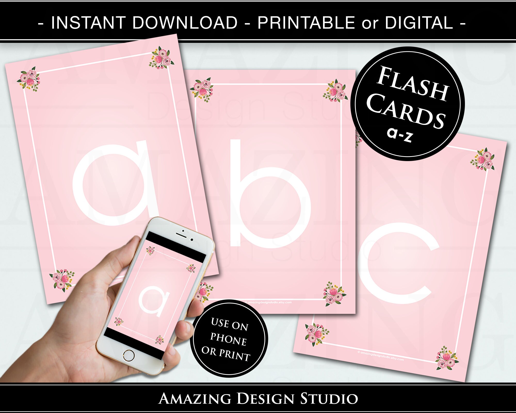 Pink Flowers Alphabet Flash Cards Printable Abc Flash Cards a - Etsy UK