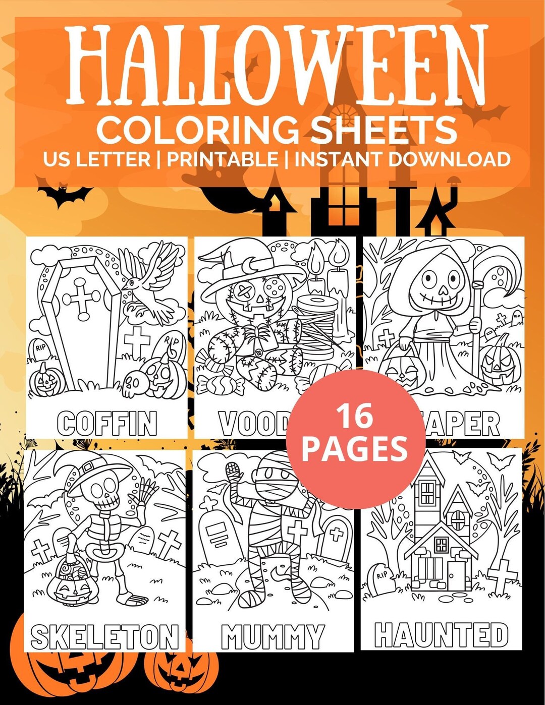 Halloween Coloring Sheets: Spooky Kids Activity (PDF Download) - Etsy