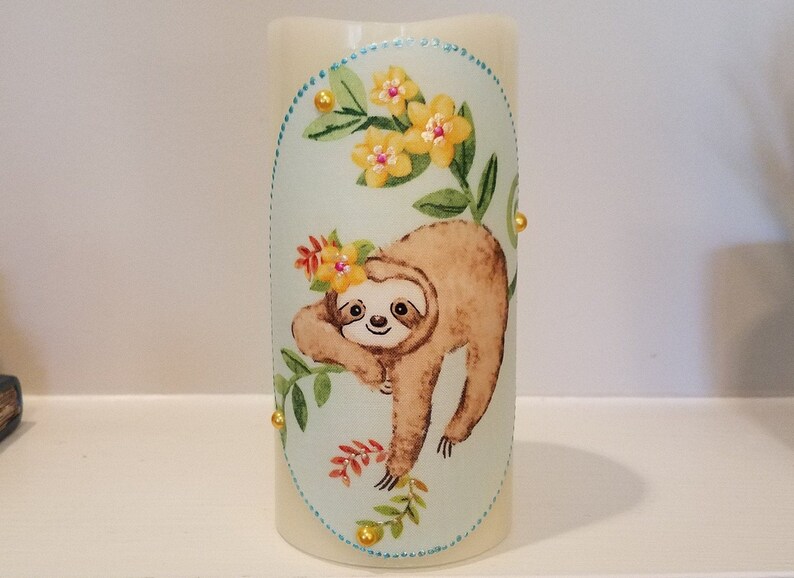 LED Pillar Candle With Two Sloths in the Flowers | Etsy