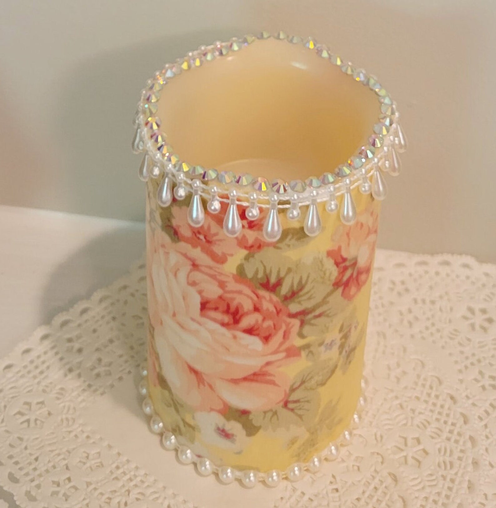 Shabby Chic LED Candle With Beautiful Roses Pearls and - Etsy