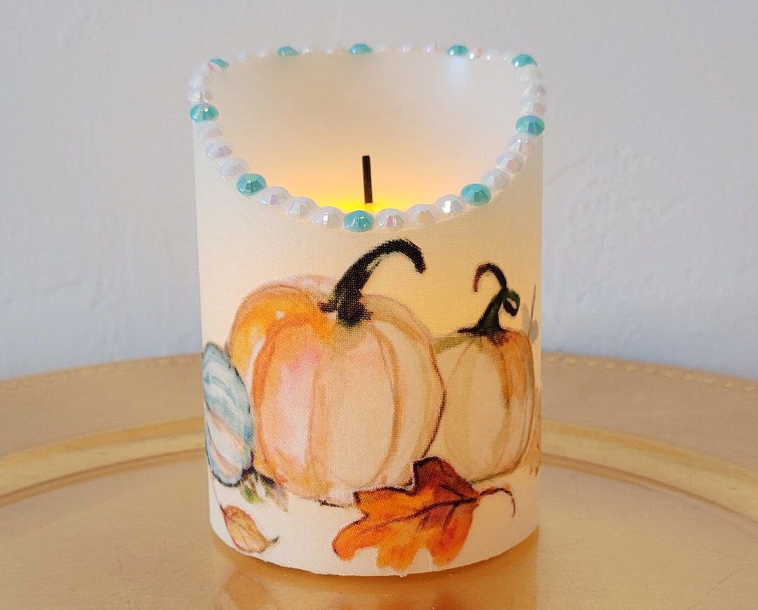 Fall LED Pillar Candle With Pumpkins, Fall Leaves and Gourds - Etsy