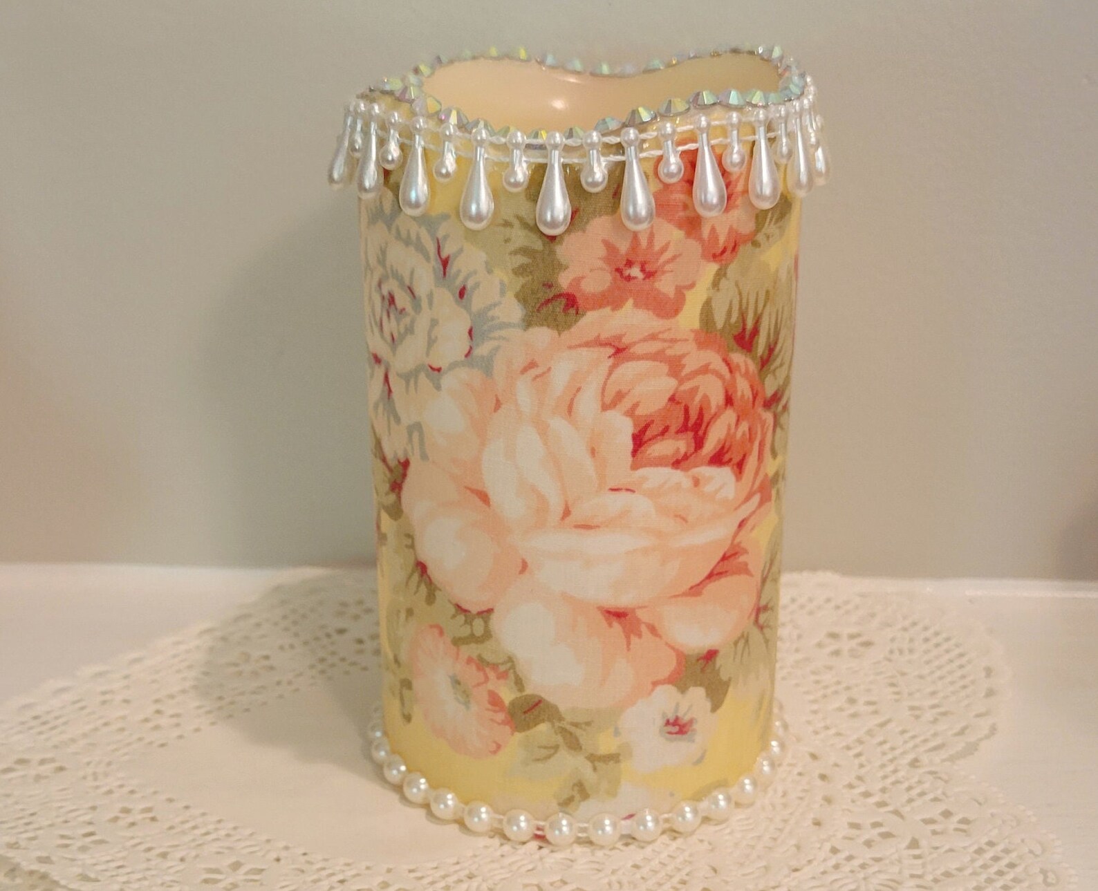 Shabby Chic LED Candle With Beautiful Roses Pearls and - Etsy