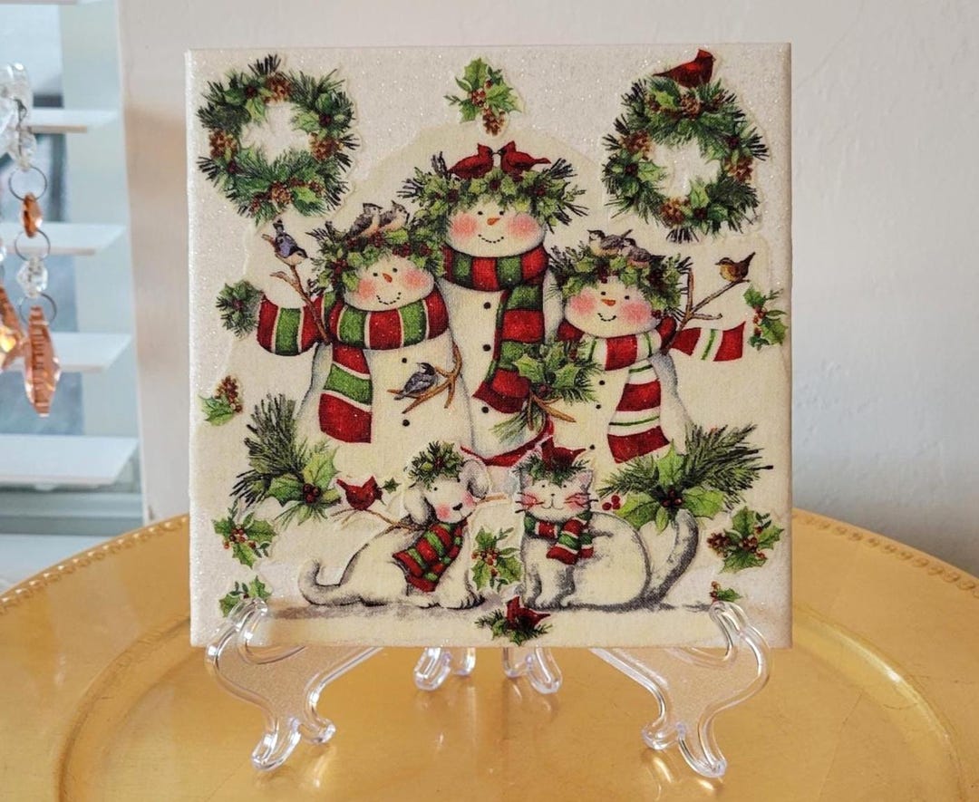 Snowman Family and Their Pets- Comes With Stand- on A Ceramic Tile - Etsy