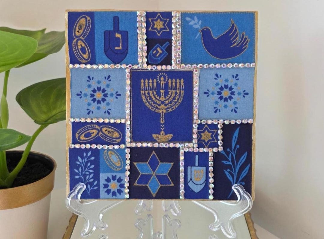 Hanukkah Menorah Tile Art: Jewish Holiday Decor With Crystals - Etsy