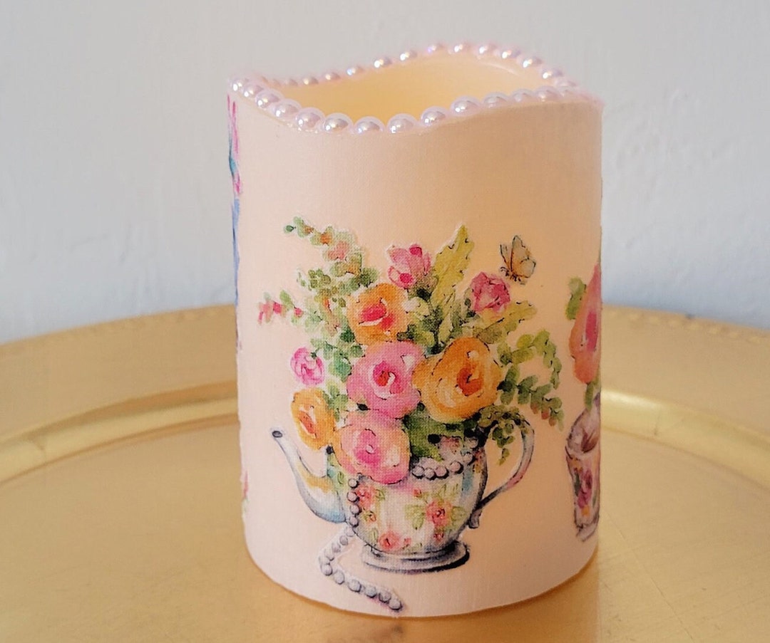 Shabby Chic LED Candle With Teapot, Teacup and Roses, Tea Room Decor ...