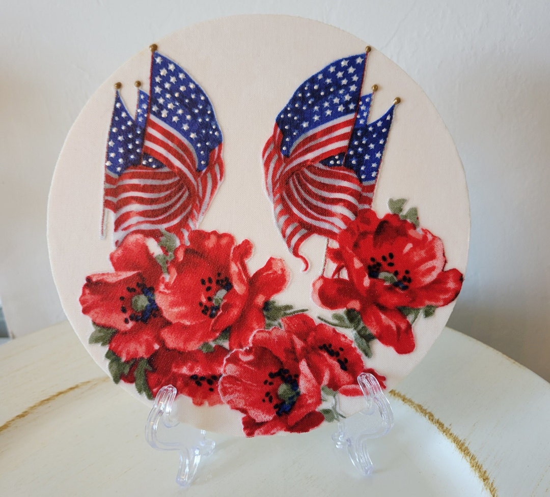 Wooden Disc With American Flags and Red Poppies, Comes With Stand, 4th ...