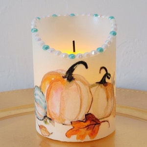 Fall LED Pillar Candle With Pumpkins, Fall Leaves and Gourds - Etsy