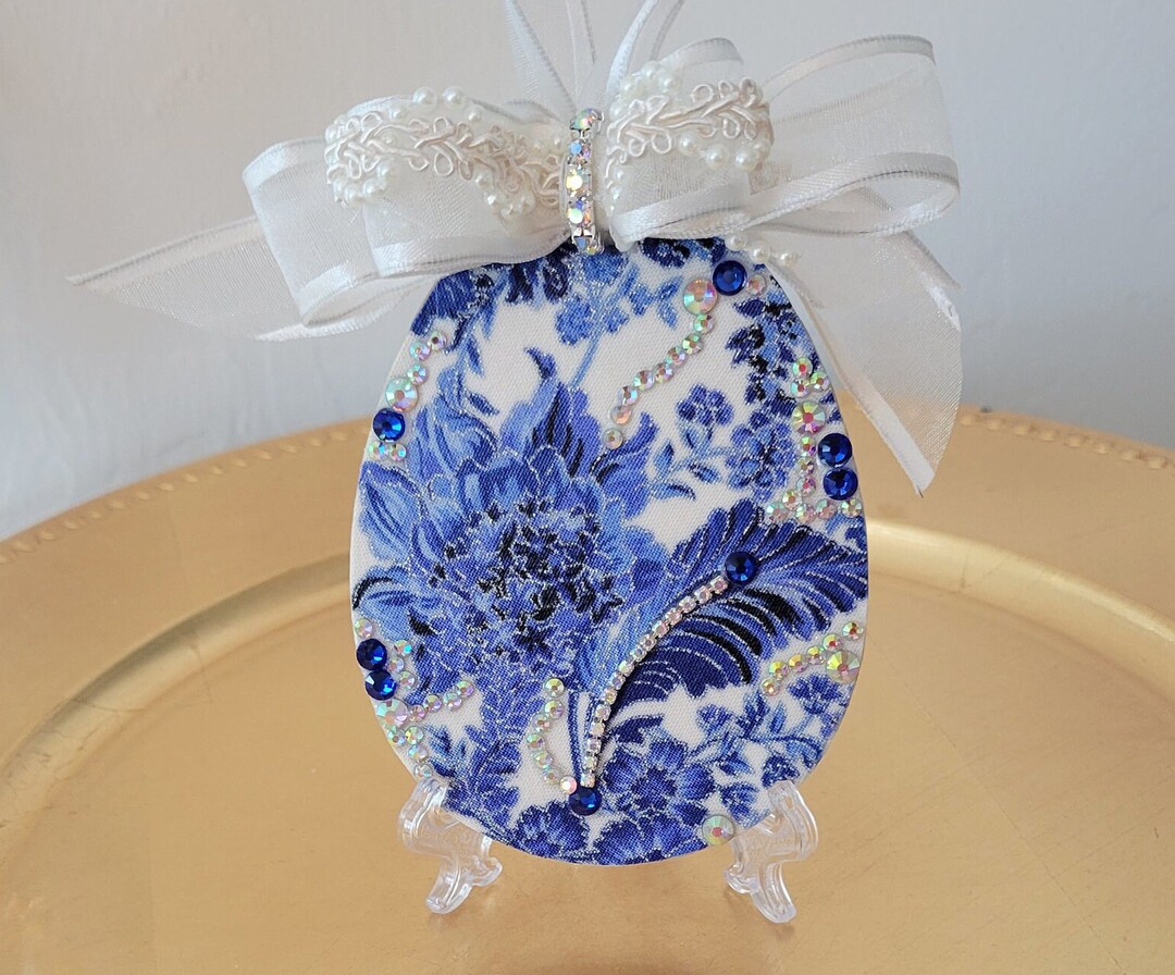 Wooden Disc Egg With Blue Toile Theme Comes With Stand, Easter Eggs - Etsy