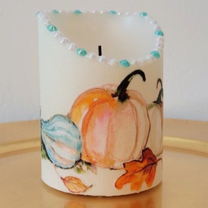 Fall LED Pillar Candle With Pumpkins, Fall Leaves and Gourds - Etsy