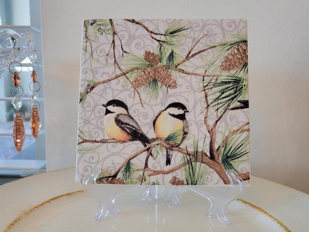 Chickadees in the Pine Tree Comes With Stand on A Ceramic Tile - Etsy