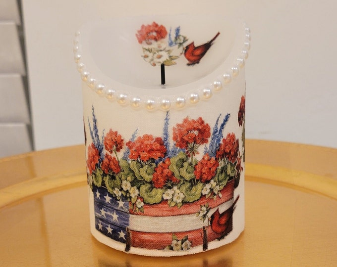 LED Pillar Candle With Patriotic Theme, Geraniums and Cardinals, 4th of ...