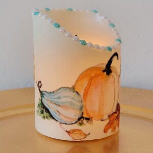 Fall LED Pillar Candle With Pumpkins, Fall Leaves and Gourds - Etsy