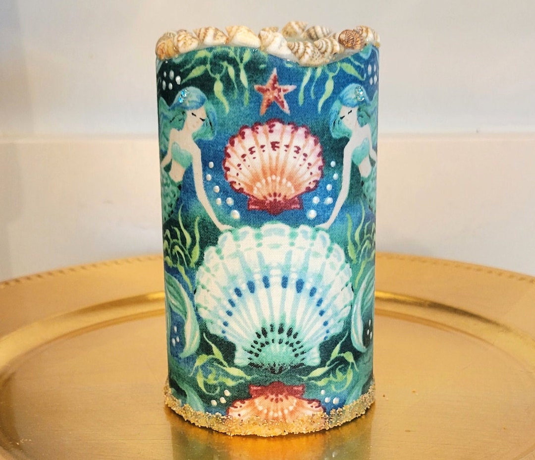 LED Pillar Candle With Mermaids Coral Seashells and Starfish - Etsy