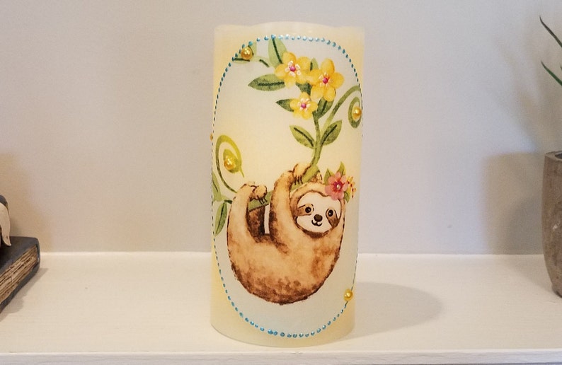 LED Pillar Candle With Two Sloths in the Flowers | Etsy