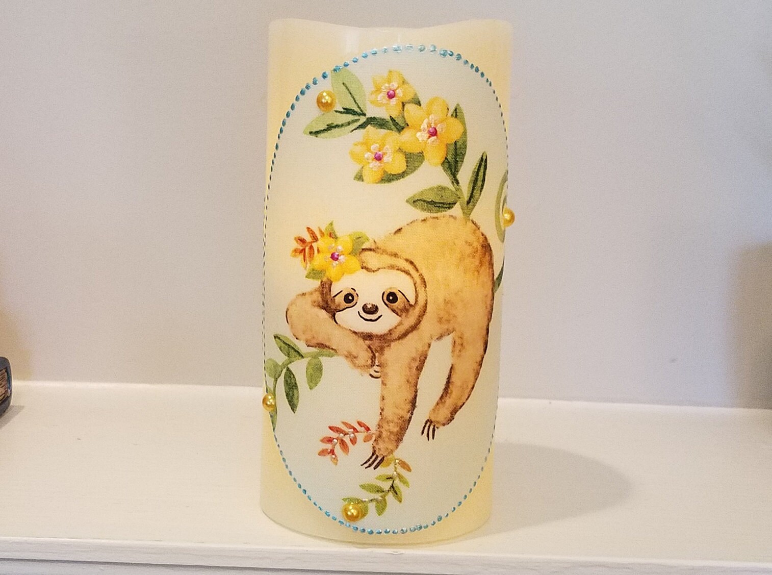 LED Pillar Candle With Two Sloths in the Flowers | Etsy